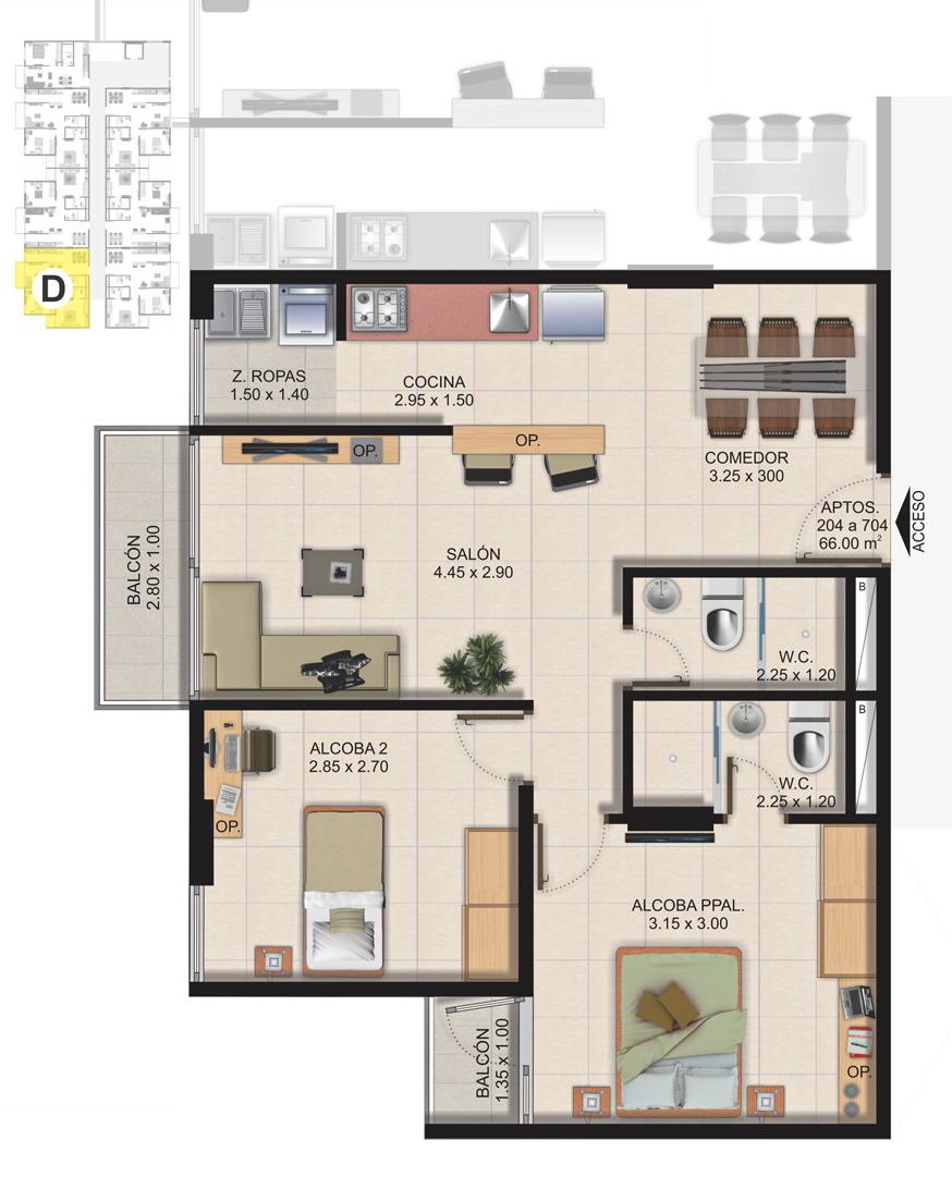 Planta Típica Apartamento Tipo D (Torre 2 de 66.00m2) - Constructores Asociados Del Sur