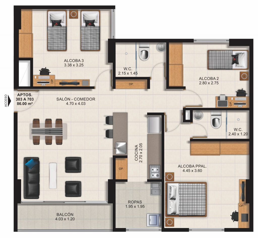 Planta Típica Apartamento Tipo C (86.00m2) - Constructores Asociados Del Sur