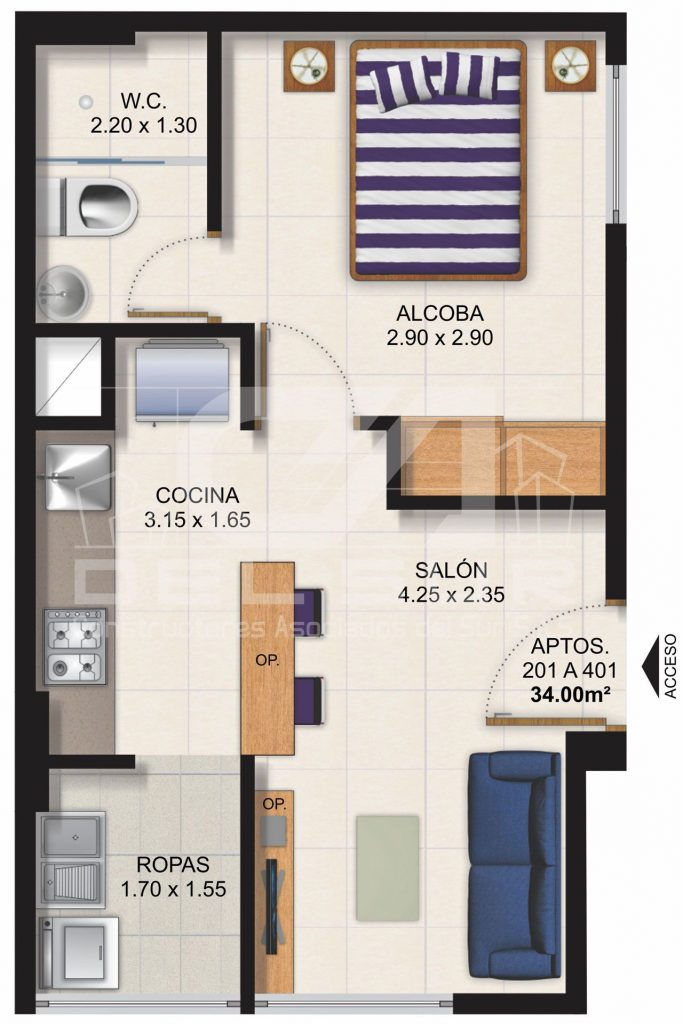 Planta Típica Apartamento Tipo A (34.00m2) - Constructores Asociados Del Sur
